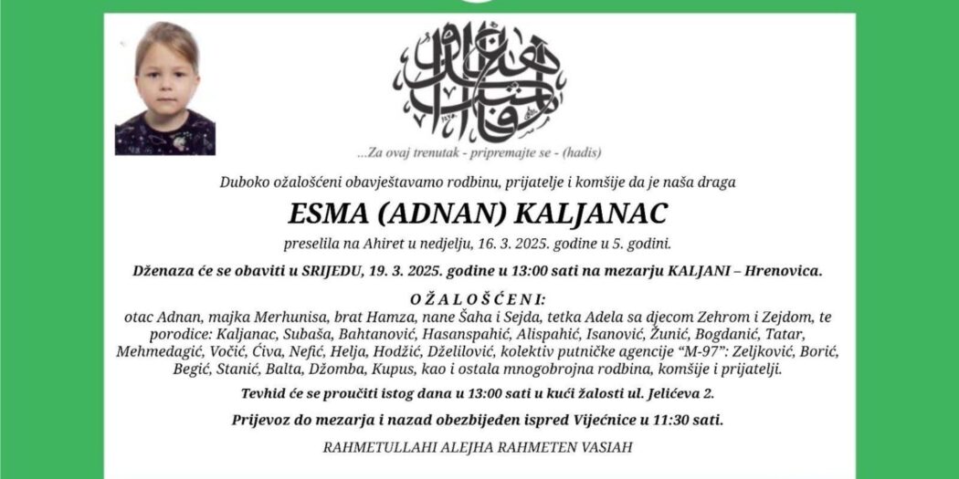 Breza i Sarajevo u suzama: Sutra dženaza petogodišnjoj Esmi Kaljanac