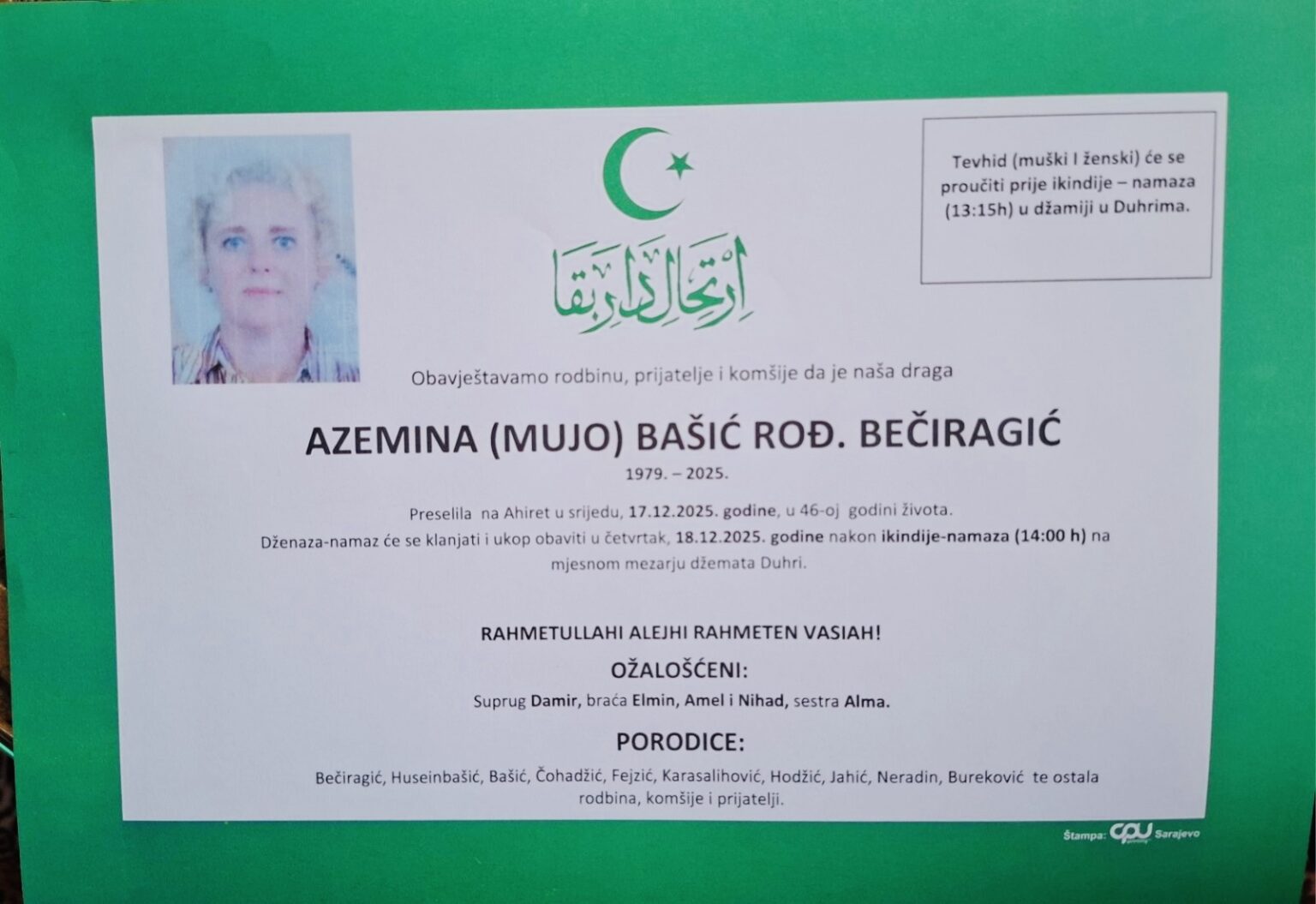 Na Bolji svijet je preselila AZEMINA (MUJO) BAŠIĆ, rođ. BEČIRAGIĆ iz ...