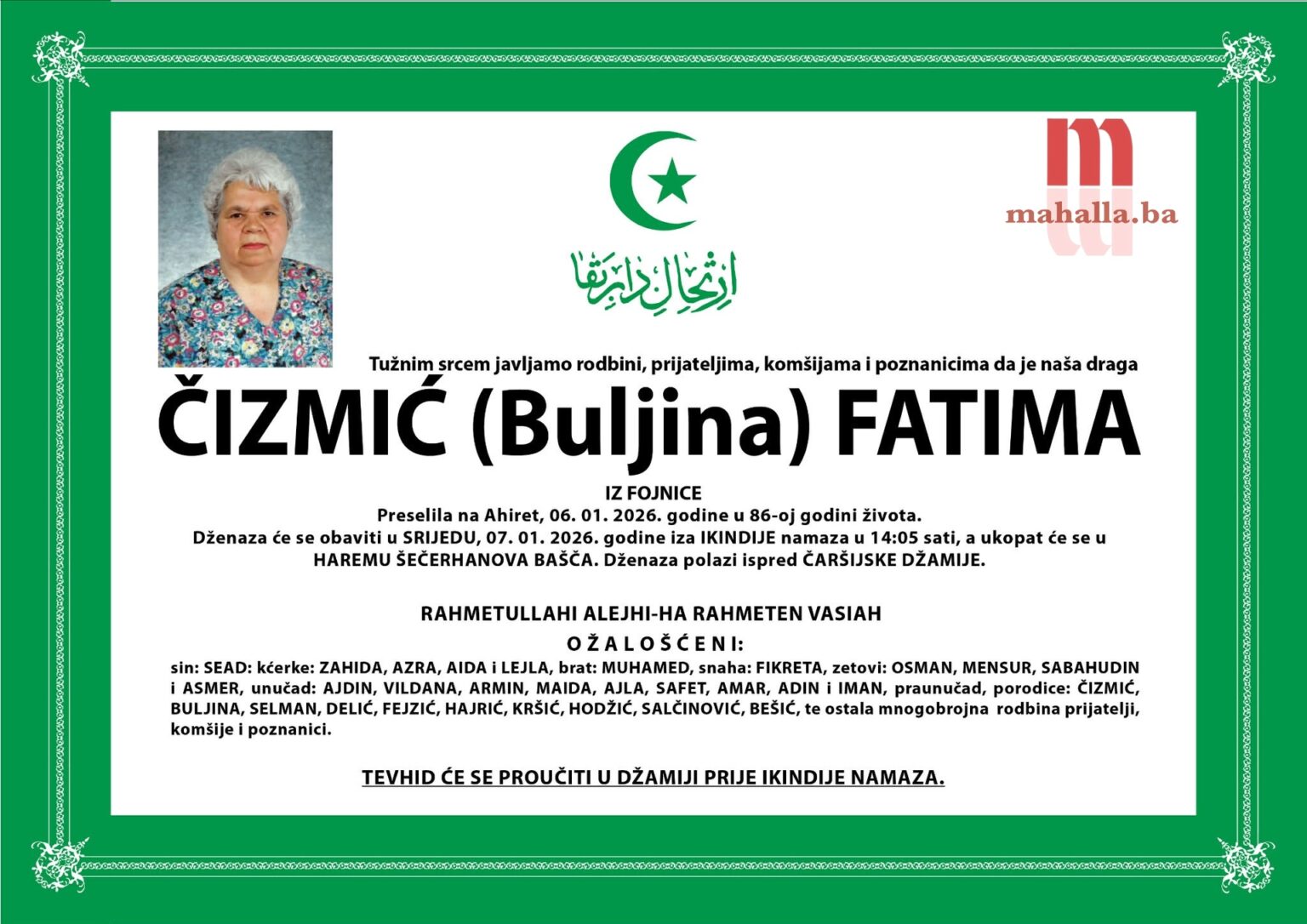Na Bolji svijet je preselila ČIZMIĆ (Buljina) FATIMA iz Fojnice